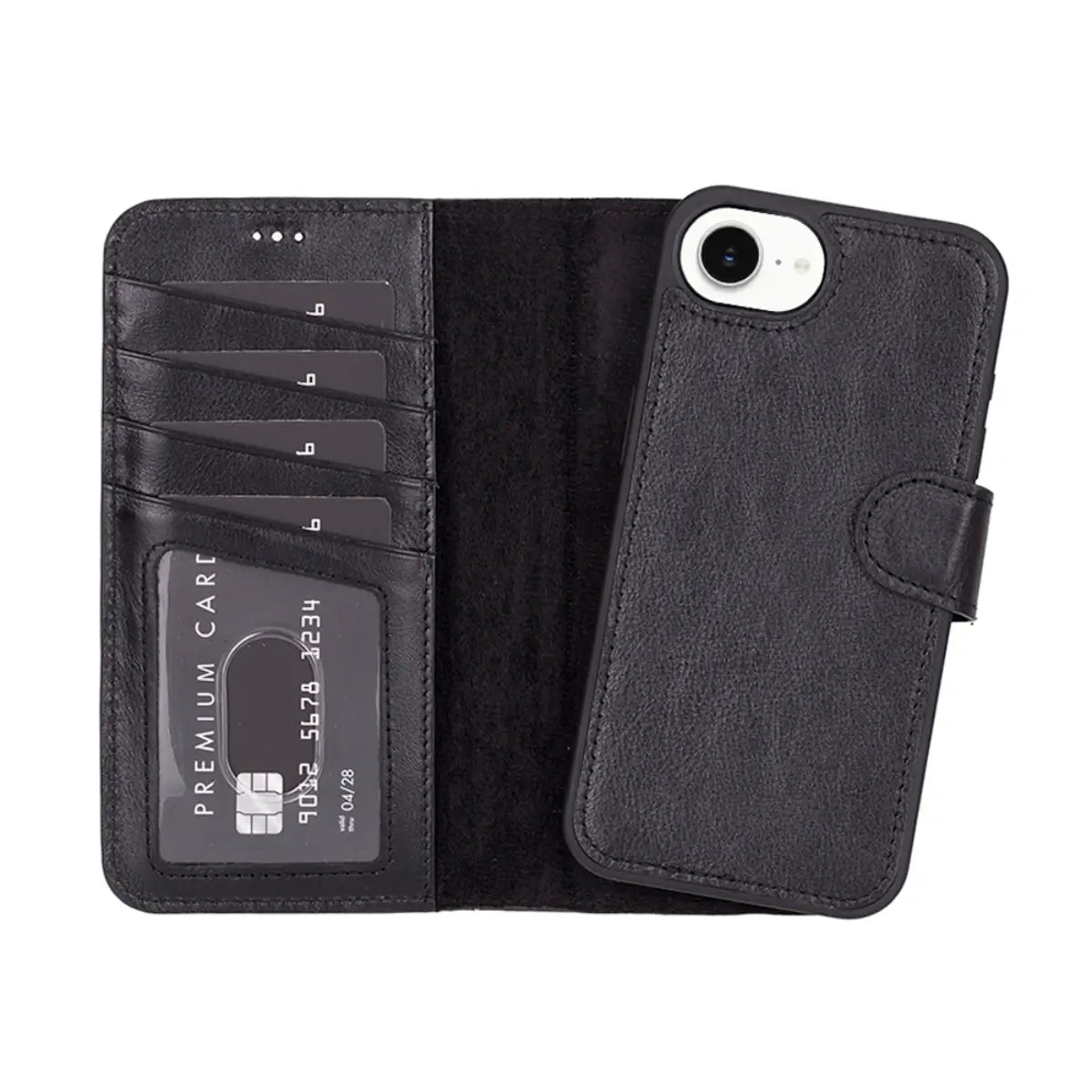 Black Leather iPhone 16e Wallet Case - O2 Leather