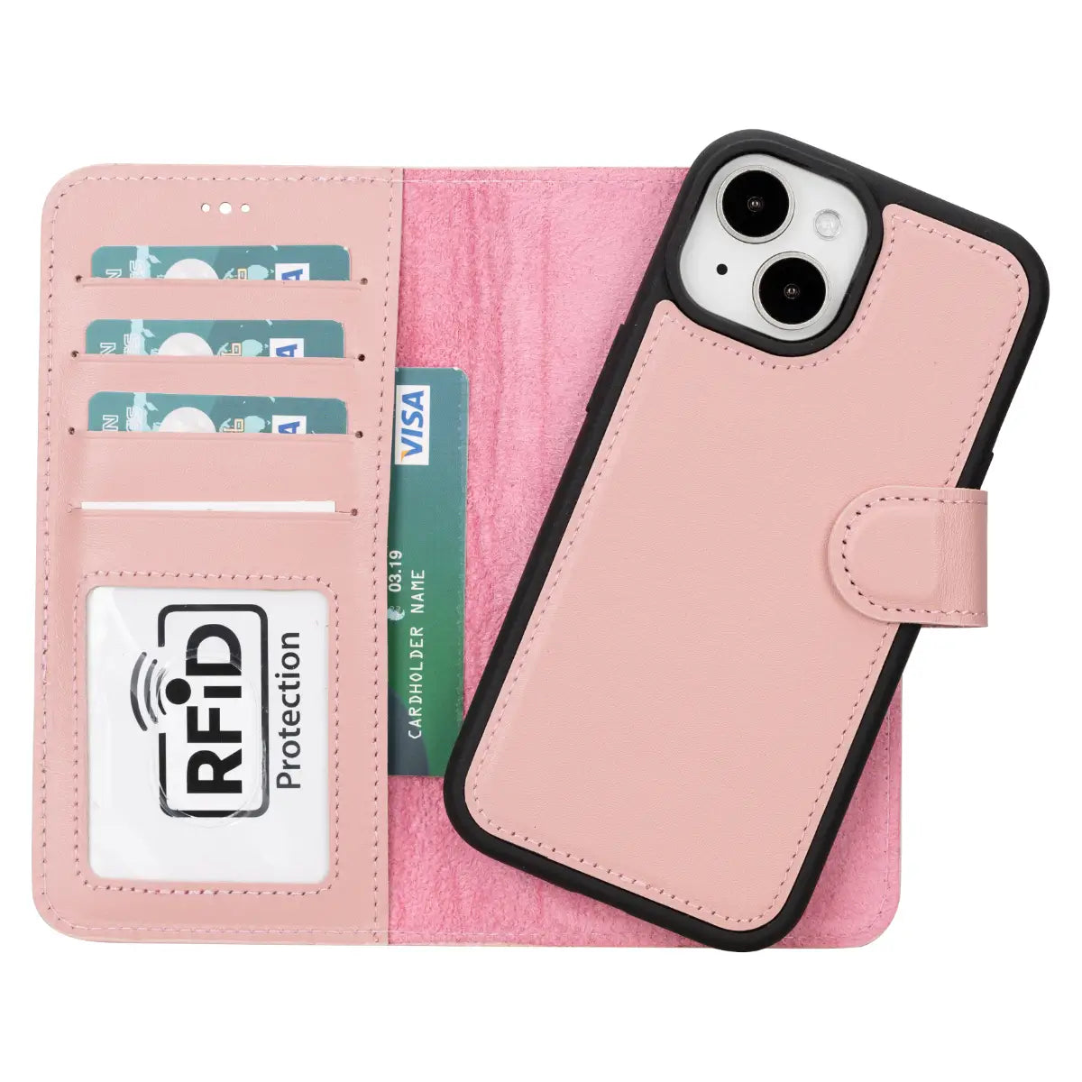 Pink Leather Wallet Case for iPhone 15